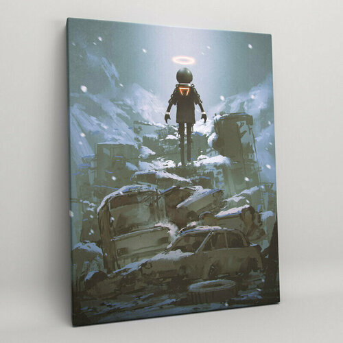 Картина на холсте (интерьерный постер) "Мальчик робот среди разбитых машин", с деревянным подрамником, размер 22x30 см