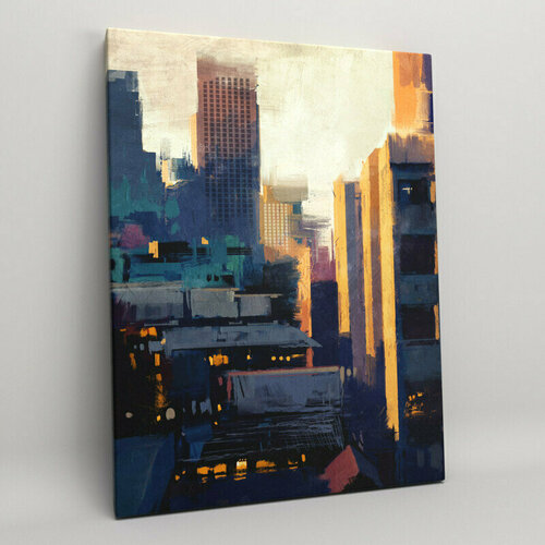 Картина на холсте (интерьерный постер) "Город на закате", с деревянным подрамником, размер 22x30 см