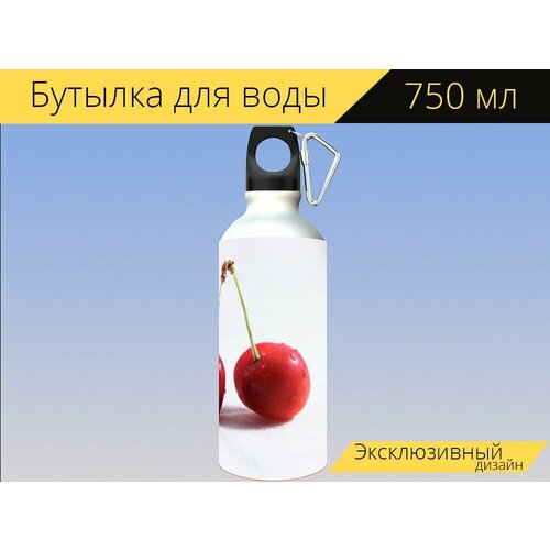 Бутылка фляга для воды "Вишня, красный, фрукты" 750 мл. с карабином и принтом