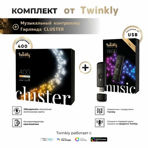 Гирлянда LED Twinkly Cluster - 400 шт. (6 м) AWW + BT + Wi-Fi (TWC400GOP-BEU)+ Twinkly Music Dongle (TMD01USB)