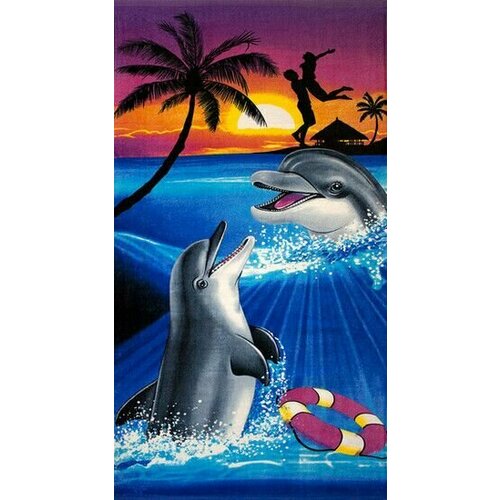 Полотенце пляжное махрово-велюровое Дельфины и спасательный круг 70х140 см