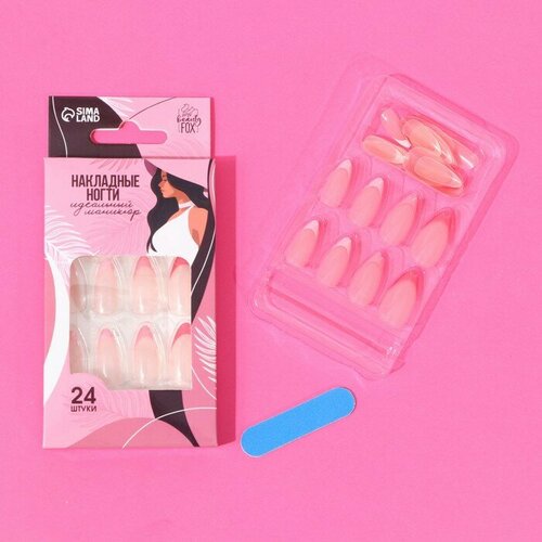 Beauty Fox Накладные ногти «Цветной френч», 24 шт, клеевые пластины, форма миндаль, цвет глянцевый розовый/белый