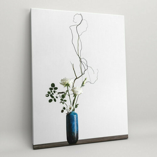 Картина на холсте (интерьерный постер) "Натюрморт синяя ваза с сухими ветвями", с деревянным подрамником, размер 22x30 см