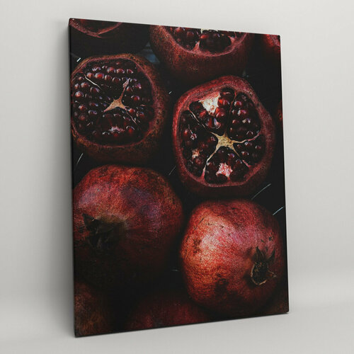 Картина на холсте (интерьерный постер) "Красные фрукты - гранат" для кухни, кафе и ресторанов, с деревянным подрамником, размер 30x40 см