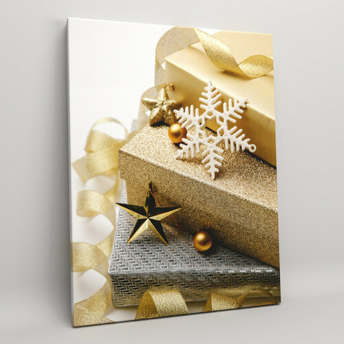 Картина на холсте (интерьерный постер) "Снежинки на подарках" новый год, с деревянным подрамником, размер 30x40 см