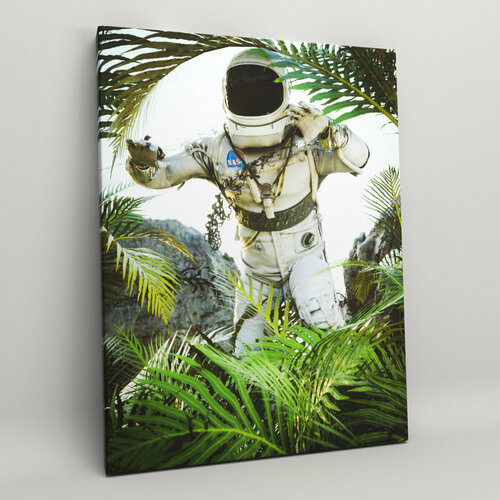 Картина на холсте (интерьерный постер) "Космонавт в джунглях" арт, с деревянным подрамником, размер 45x60 см