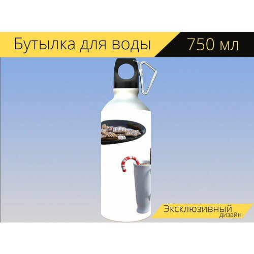 Бутылка фляга для воды "Печенье, горячий шоколад, конфета" 750 мл. с карабином и принтом