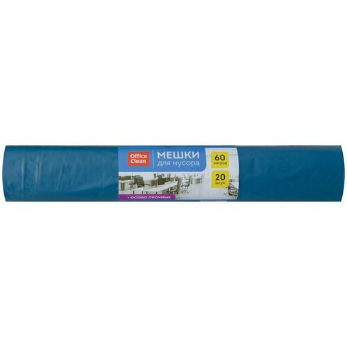 Мешки для мусора Officeclean 60 л, 20 шт ПВД, 60x70 см, 25 мкм, особо прочные, синие, в рулоне