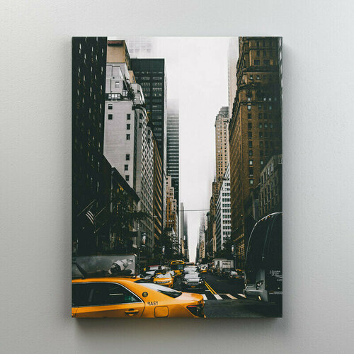 Интерьерная картина на холсте "Городской пейзаж, желтое такси и небоскребы в Нью-Йорке", размер 22x30 см