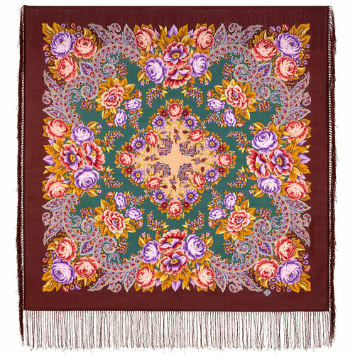 Платок Павловопосадская платочная мануфактура,89х89 см, фиолетовый, оранжевый
