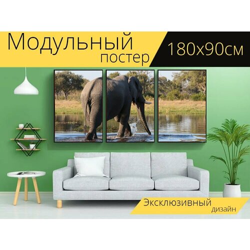 Модульный постер "Слон, куст, ботсвана" 180 x 90 см. для интерьера