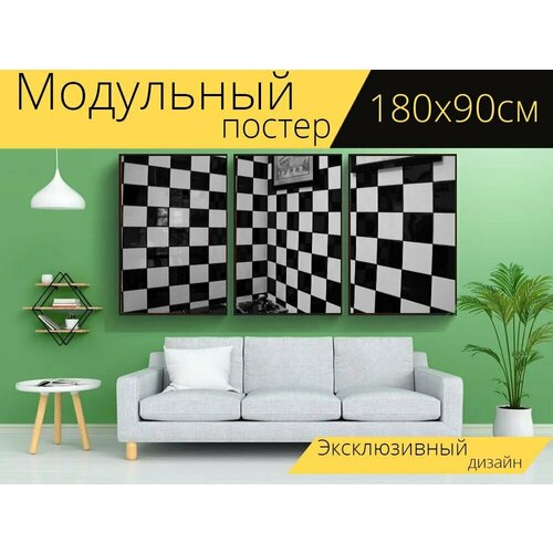 Модульный постер "Квадраты, черные и белые плитки, кафе" 180 x 90 см. для интерьера