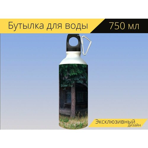Бутылка фляга для воды "Дом, сруб, дерево" 750 мл. с карабином и принтом