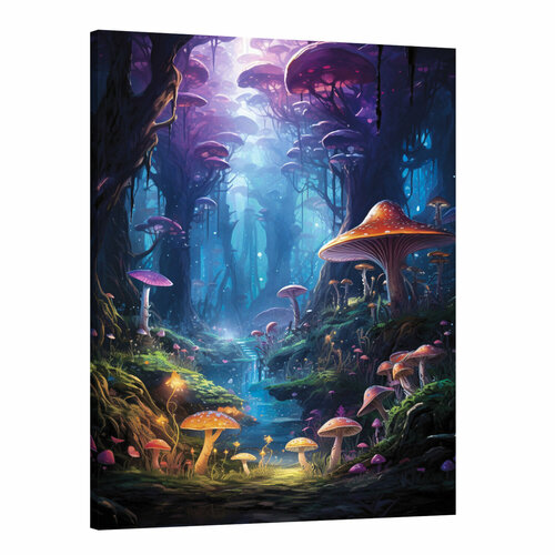 Интерьерная картина 50х70 "Пейзаж с волшебным лесом и сказочными существами"