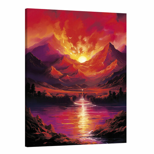 Интерьерная картина 50х70 "Горы в огне: закатная картина"