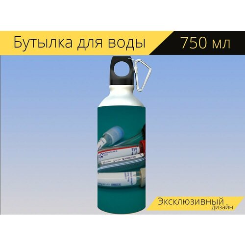 Бутылка фляга для воды "Лаборатория, медицинские, диагностика" 750 мл. с карабином и принтом