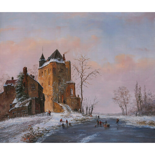 Картина маслом "Фигуристы возле замка в зимний день" 50х60см