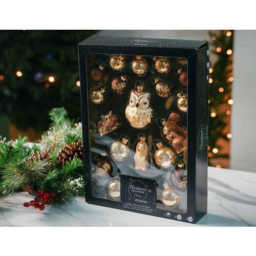 Набор стеклянных ёлочных украшений с совой и зверушками шоколадно-золотой коктейль новогодний, 4-10 см (упаковка 20 шт.), Kaemingk (Decoris) 037802