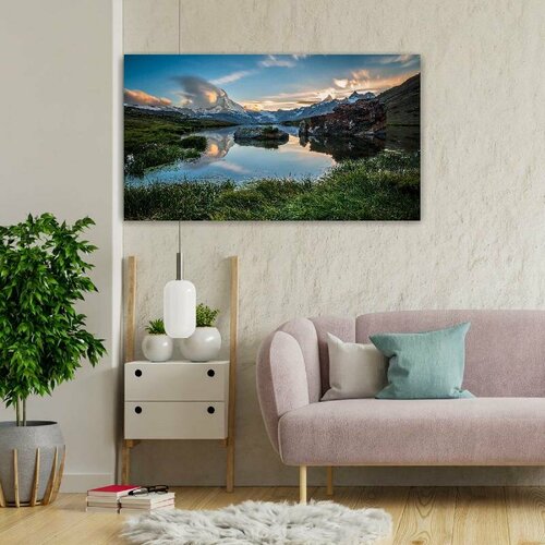 Картина на холсте 60x110 LinxOne "Горы пейзаж озеро природа" интерьерная для дома / на стену / на кухню / с подрамником