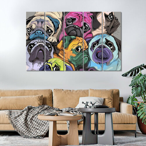 Модульная картина/Модульная картина на холсте/Модульная картина в подарок/ мопсы разноцветные/pug dogs are colorful 125х80