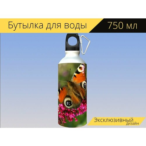 Бутылка фляга для воды "Бабочка, фея павлин, цветок" 750 мл. с карабином и принтом