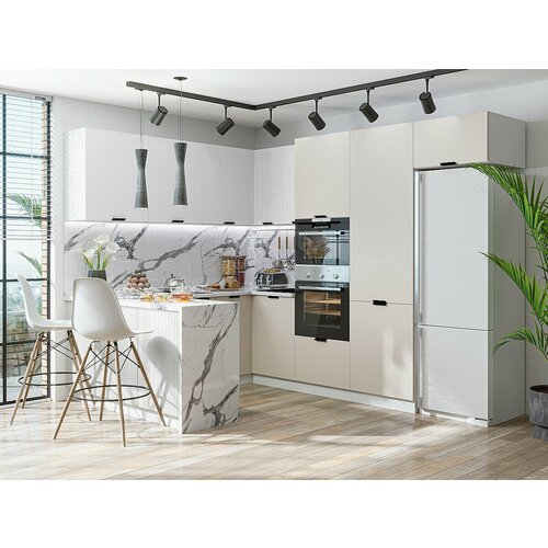 Готовый кухонный гарнитур кухня Евро Лайн-03 2140*2400/2690*600 Агат/Белый