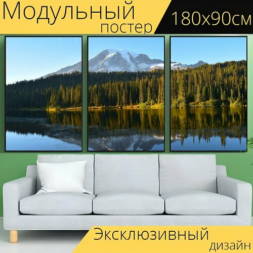 Модульный постер "Гора, озеро, деревья" 180 x 90 см. для интерьера