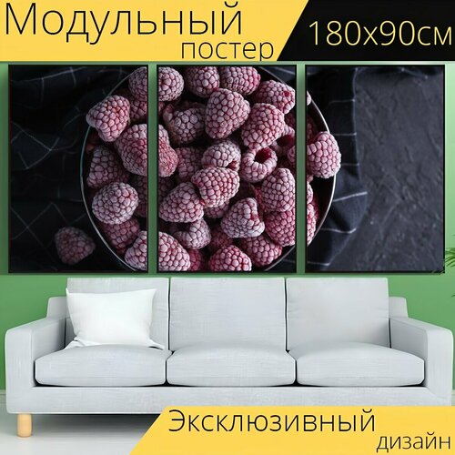 Модульный постер "Малина, ягоды, замороженные ягоды" 180 x 90 см. для интерьера