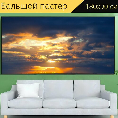 Большой постер "Облака, заход солнца, вид на море" 180 x 90 см. для интерьера