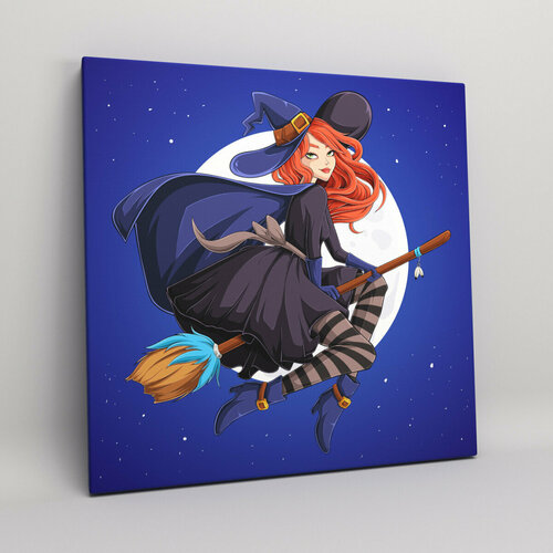Картина на холсте (интерьерный постер) "Ведьмочка на метле" арт, с деревянным подрамником, размер 45x45 см
