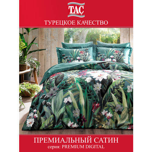 Постельное белье TAC "Valencia" Premium Digital семейный комплект, сатин, зеленый, цветы, Турция