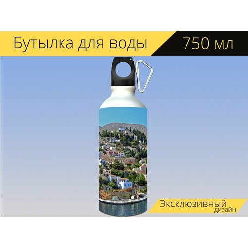 Бутылка фляга для воды "Город, горы, греция" 750 мл. с карабином и принтом