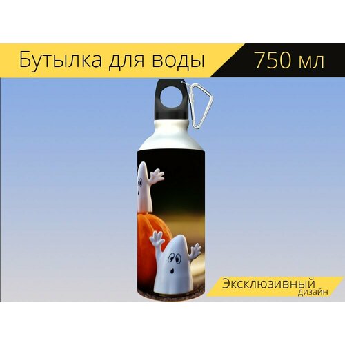 Бутылка фляга для воды "Хэллоуин, призраки, тыква" 750 мл. с карабином и принтом