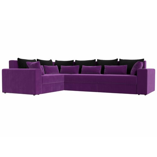Угловой диван Майами Long левый угол, Микровельвет фиолетовый, подушки черн/фио/черн