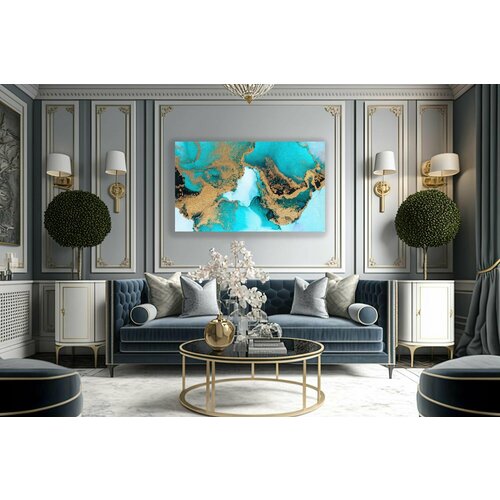Картина Decor.Bot " Бирюзовый мрамор с золотом ", картины для интерьера, на стену, на холсте, размер, 70х40 см