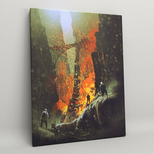 Картина на холсте (интерьерный постер) "Зомби на фоне горящего поезда", с деревянным подрамником, размер 22x30 см
