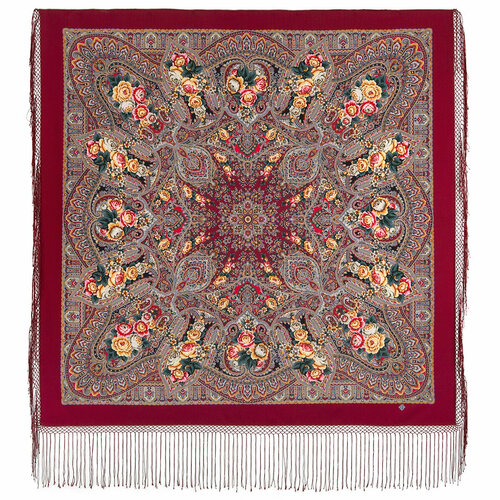 Платок Павловопосадская платочная мануфактура,148х148 см, серый, бордовый