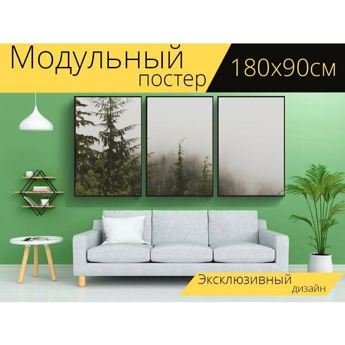 Модульный постер "Вечнозеленый, лес, туман" 180 x 90 см. для интерьера