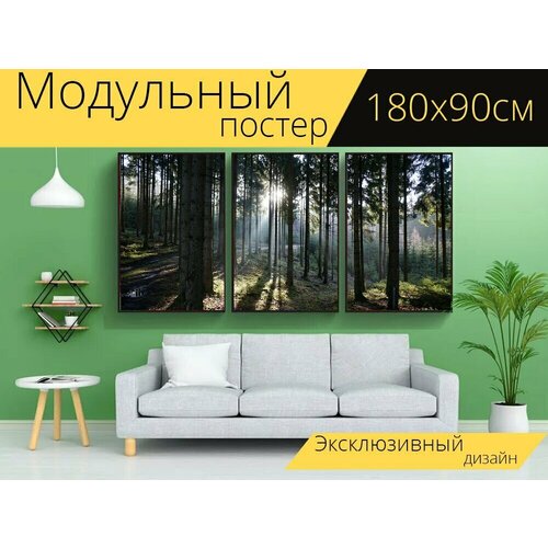 Модульный постер "Лес, подсветка, деревья" 180 x 90 см. для интерьера