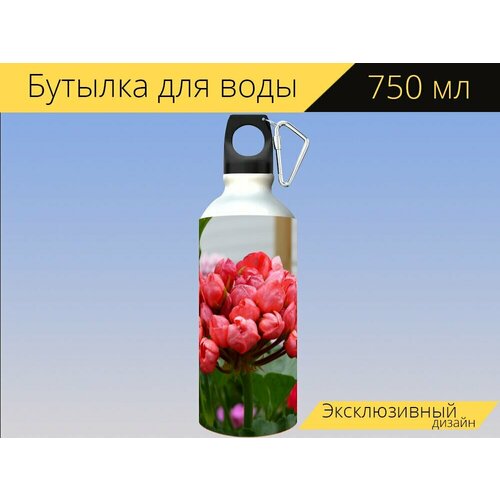 Бутылка фляга для воды "Герань, цветок, завод" 750 мл. с карабином и принтом