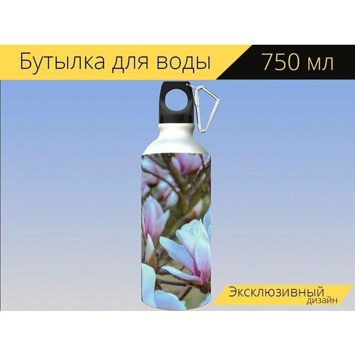 Бутылка фляга для воды "Весна, день матери, магнолия" 750 мл. с карабином и принтом