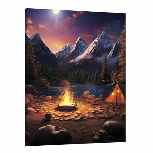 Интерьерная картина 50х70 "Пейзаж с палатками и костром"