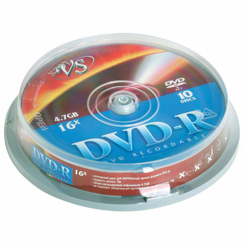Диски DVD-R VS 4,7 Gb Cake Box (упаковка на шпиле), комплект 10 шт, VSDVDRCB1001, 511542
