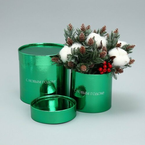 Дарите Счастье Набор коробок 2в1 круглые «С Новым годом!», зелёный металлик, 12 х 12, 15 х 15 см
