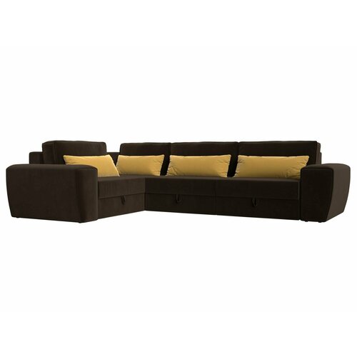 Угловой диван Лига-008 Long левый, Микровельвет коричневый, подушки коричневые и желтые
