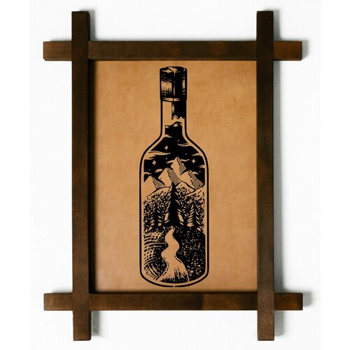Картина Лес в бутылке, гравировка на натуральной коже, интерьерная для украшения и декора на стену в деревянной раме, подарок, BoomGift