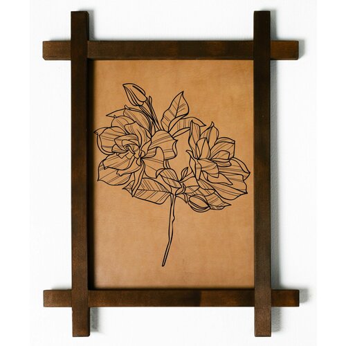 Картина Роза, гравировка на натуральной коже, интерьерная для украшения и декора на стену в деревянной раме, подарок, BoomGift