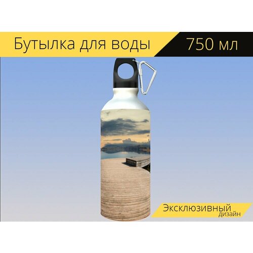 Бутылка фляга для воды "Озеро, дощатый настил, пристань" 750 мл. с карабином и принтом