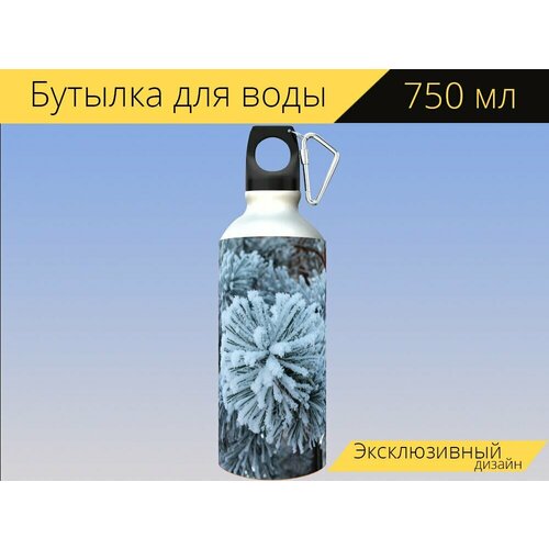Бутылка фляга для воды "Зима, лес, иней" 750 мл. с карабином и принтом
