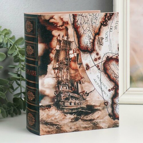 Шкатулка-книга дерево, кожзам "Корабль и карта" 6х15х20 см 9809213
